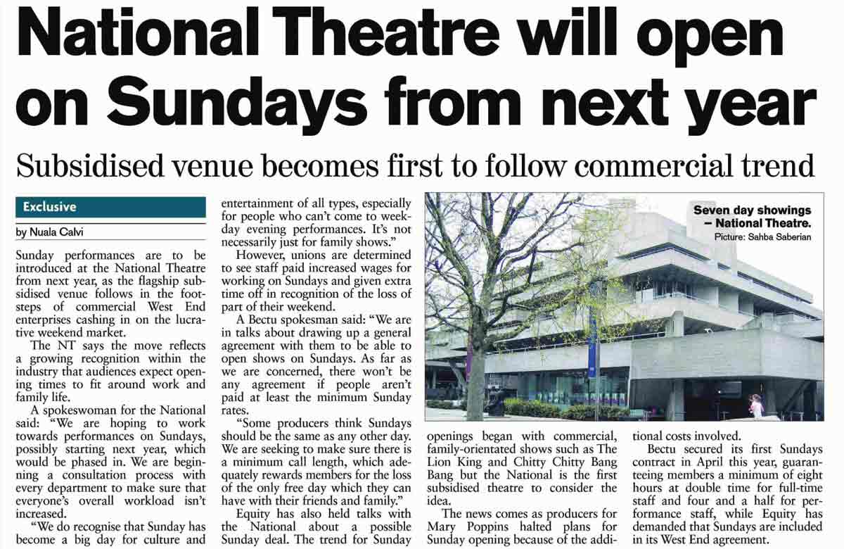National Theatre starts Sunday showings – 15 years ago in The Stage
